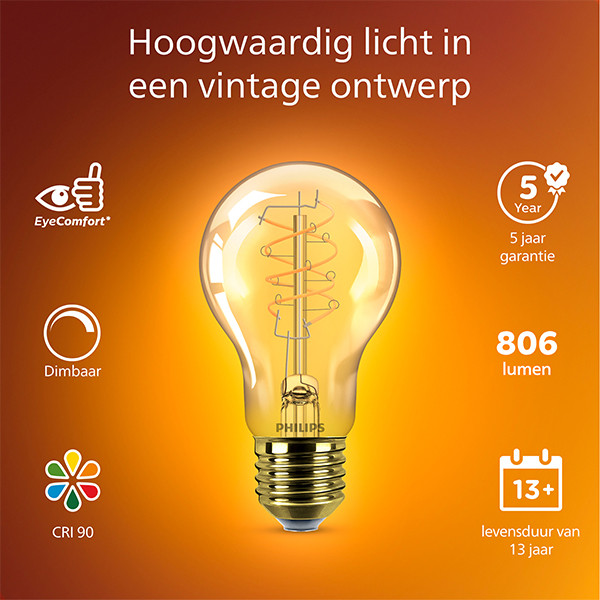 Philips LED lamp E27 | Peer A60 | Filament | Goud | 2200K | Dimbaar 7.3W (60W) Philips 123led.nl